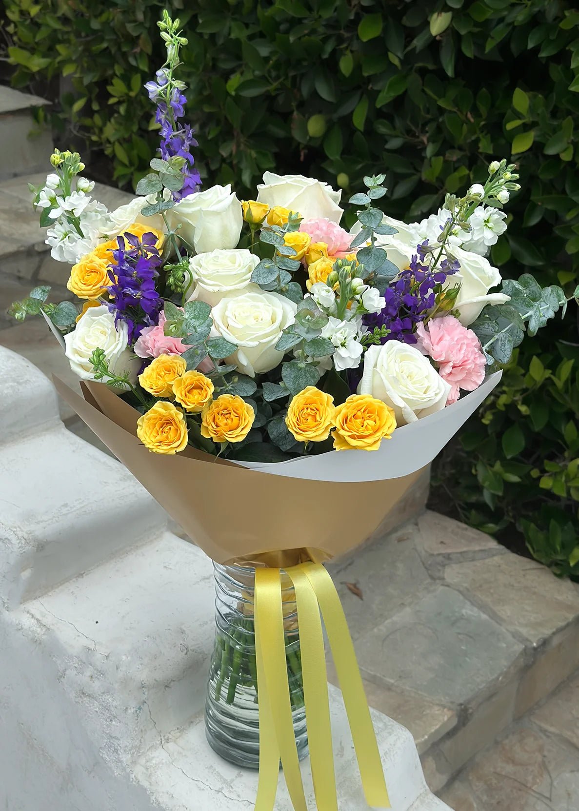 NO. 97. Spring Weekend (roses, matthiolas, eucalyptus, larkspur ...